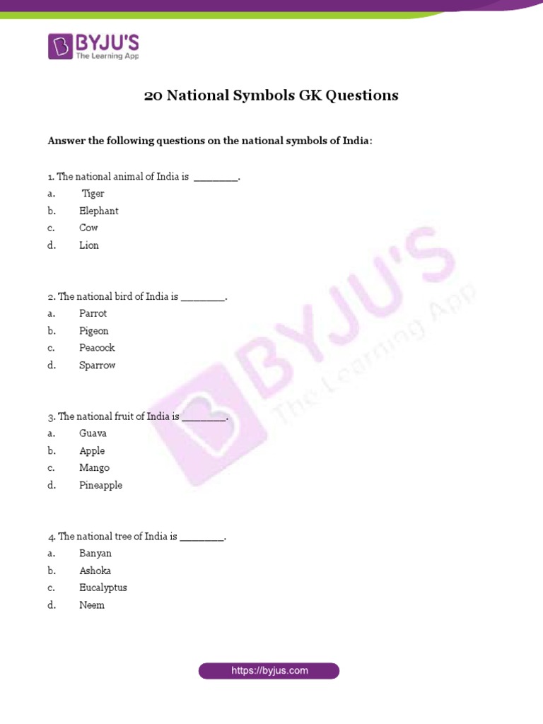 20 GK Questions On National Symbols - Blank | PDF