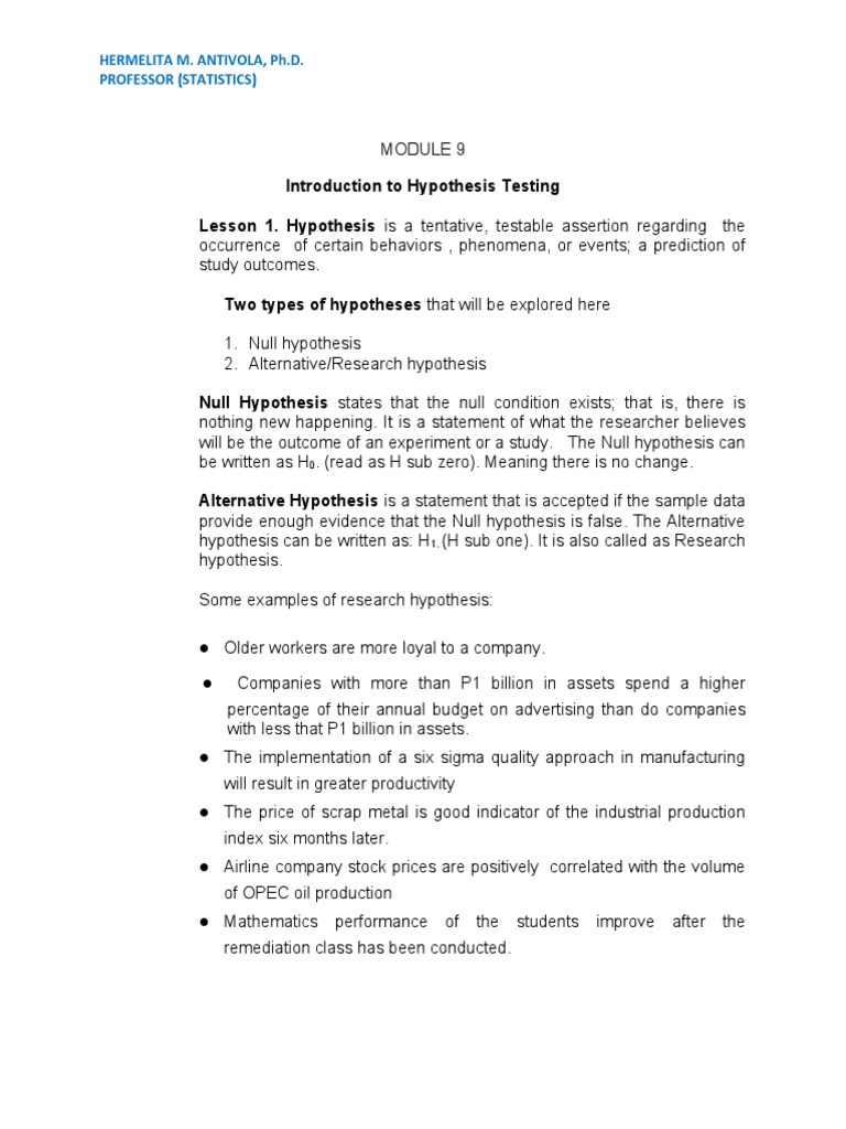 Module 9 Hypothesis Testing Pdf