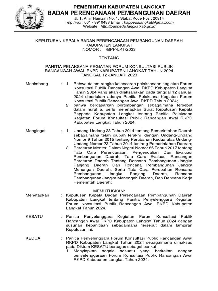 SK Panitia Forum Konsultasi Publik Ranwal RKPD | PDF