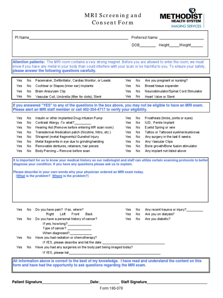 MHS MRI Consent Form | Download Free PDF | Magnetic Resonance Imaging ...