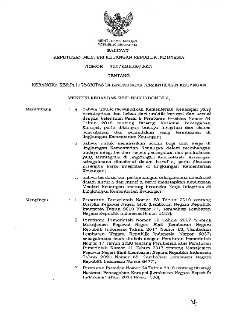 KMK No 323 TH 2021 Kerangka Kerja Integritas Di Ling Kemenkeu Compressed PDF | PDF | Pengelolaan ...
