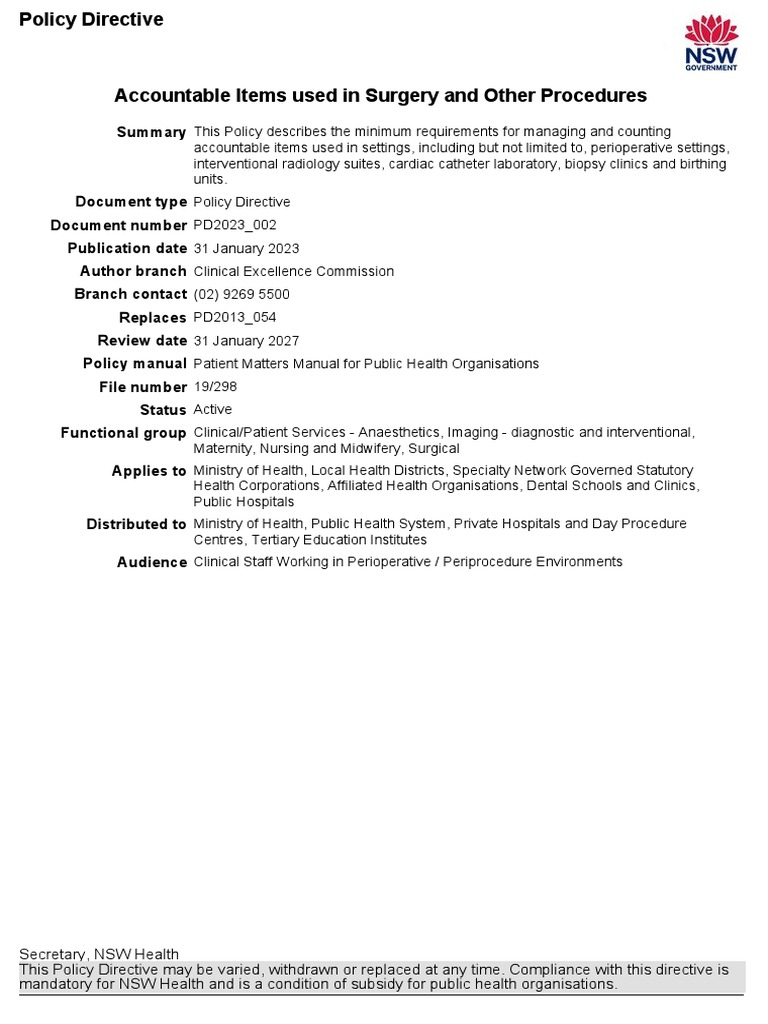 Surgical Accountable Items Policy | PDF | Surgery | Midwife