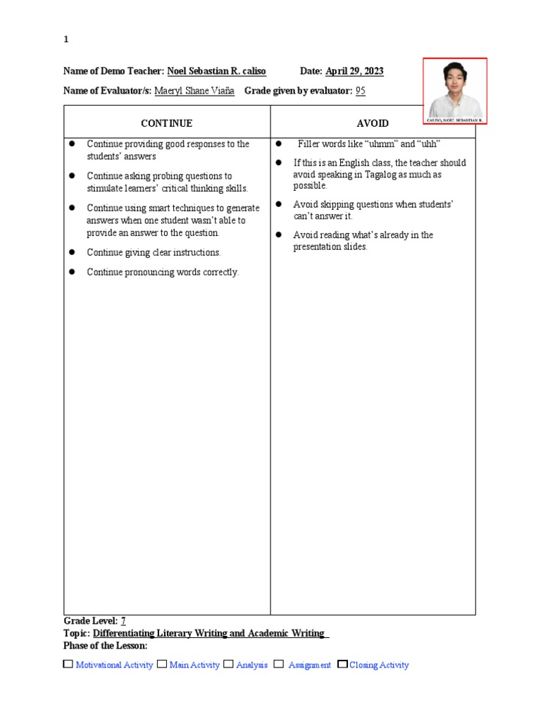 Motivational Activity Main Activity Analysis Assignment Closing ...