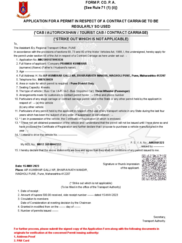 Form MH PCOP | Download Free PDF | Transport | Vehicles