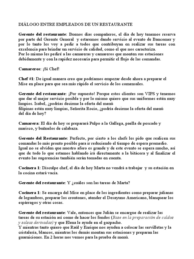Diálogo Entre Empleados de Un Restaurante | PDF