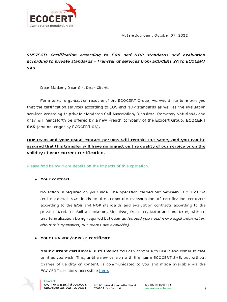 Ecocert SAS - Clients Letter EOS-NOP-Ref - Privés - Billing ESAS - EN ...