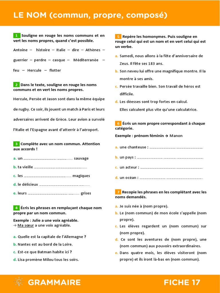 Noms communs et propres : exercices pratiques | PDF