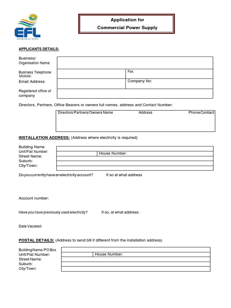 Commercial Power Supply Application Form | PDF | Lease | Leasehold Estate