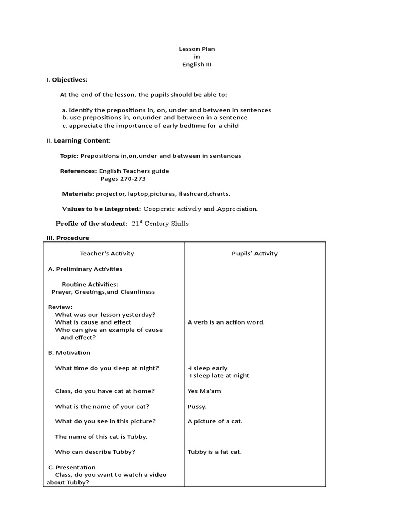 Lesson Plan Prepositions Ipcrf | PDF | Lesson Plan | Cognitive Science