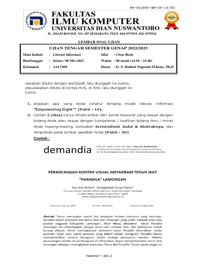 UTS LITERASI INFORMASI KELP A14.7209 TGL 09 MEI 2023 Jam 14.10 | PDF