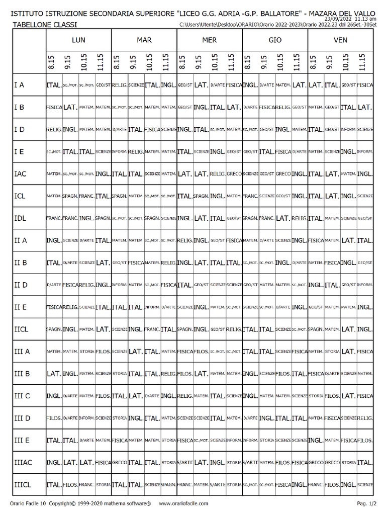 Orario 2022.23 Dal 26 Set. 30S Et Classi | PDF