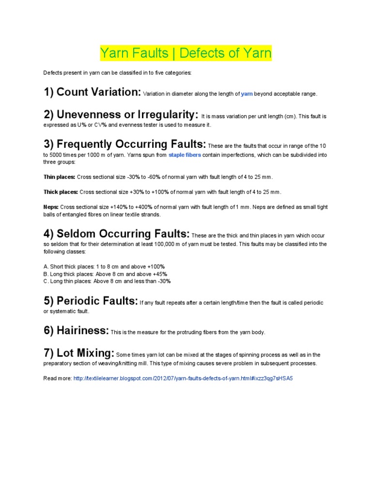 Yarn Faults Defects of Yarn | PDF