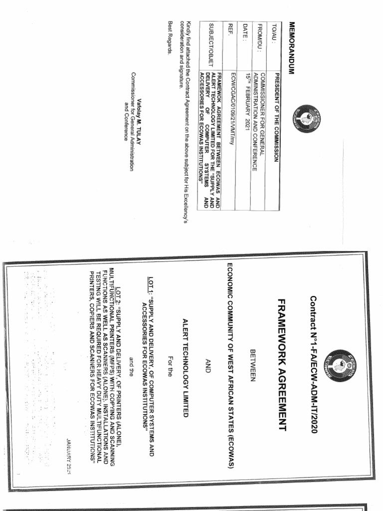 Framework Agreement Between Ecowas and Alert Technology LTD For | PDF