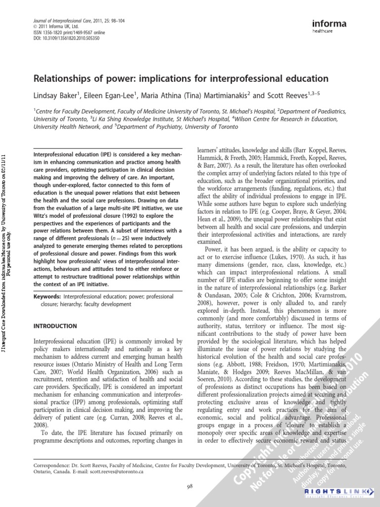 Baker Et Al - Relationships of Power - Implications For Interprofessional Education | PDF ...