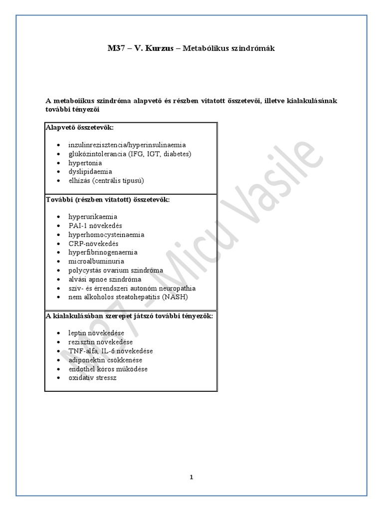 M37 - V. Kurzus - Metabólikus Szindrómák | PDF