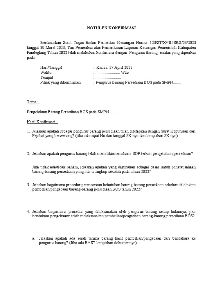 Notulen Konfirmasi Persediaan BOS revisi 27042023.docx | PDF