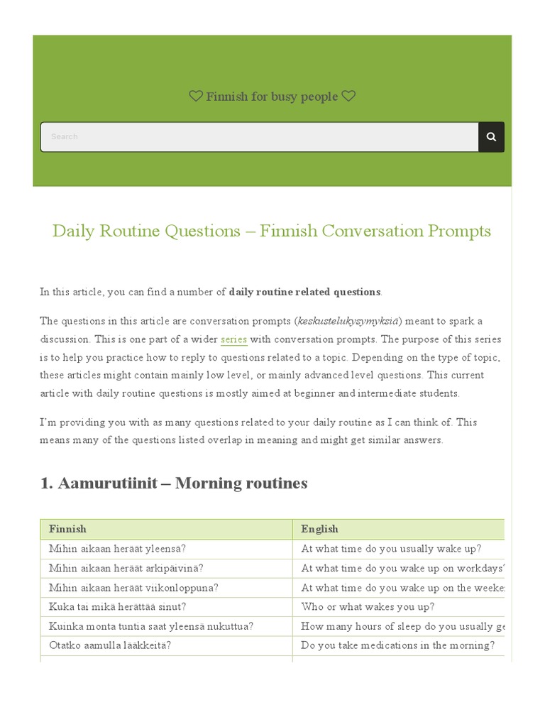 Daily Routine Questions in Finnish | PDF