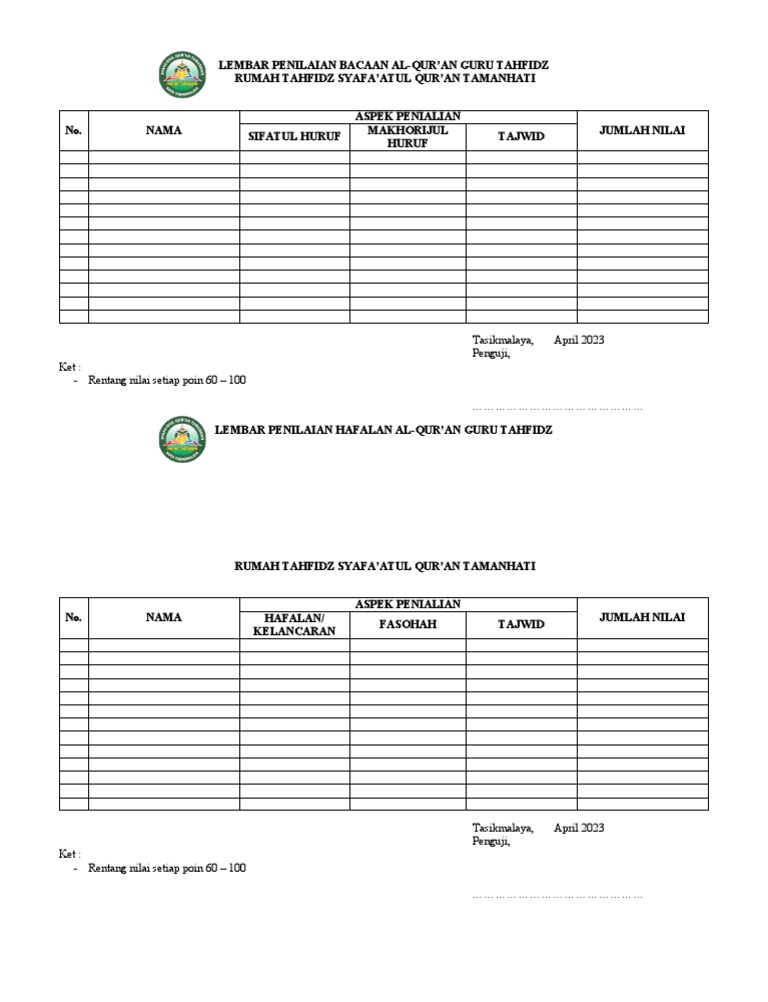 Form Penilaian Guru Tahfidz SQ | PDF