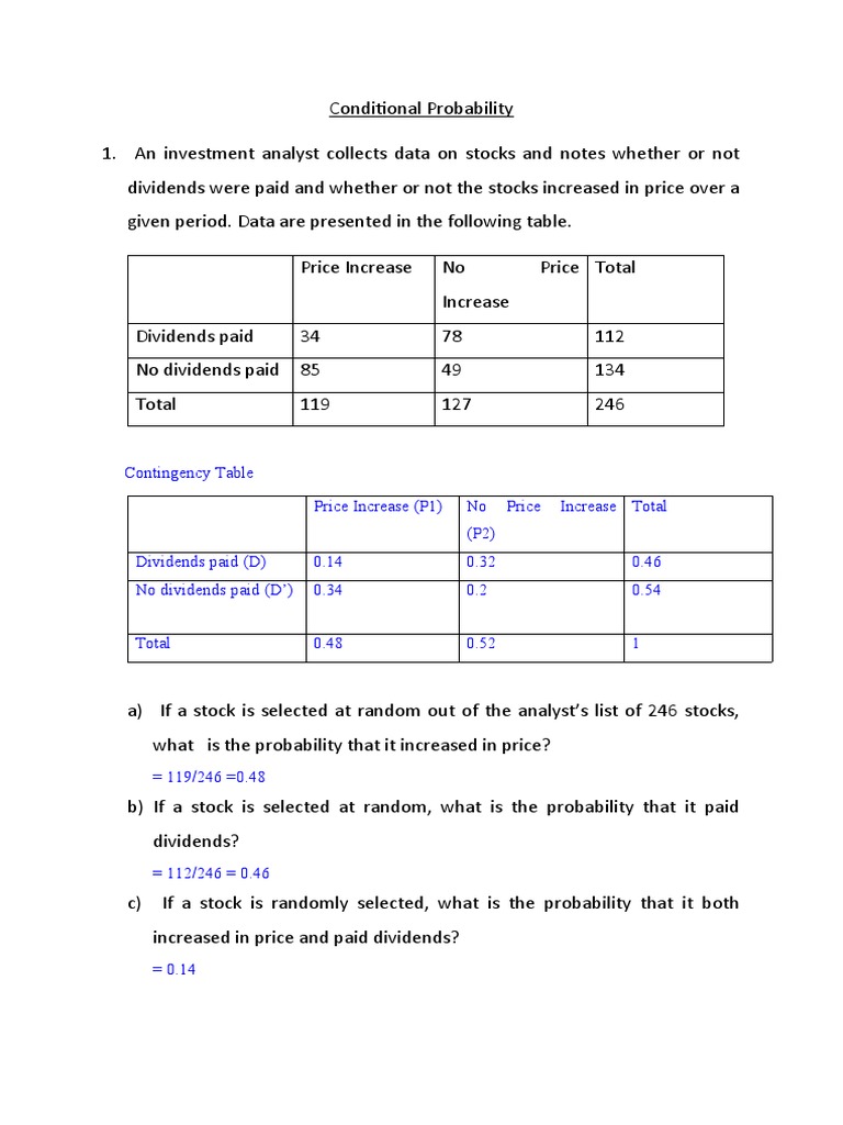Conditional Probability W - ANSWERS - Pratheep | PDF | Dividend | Stocks