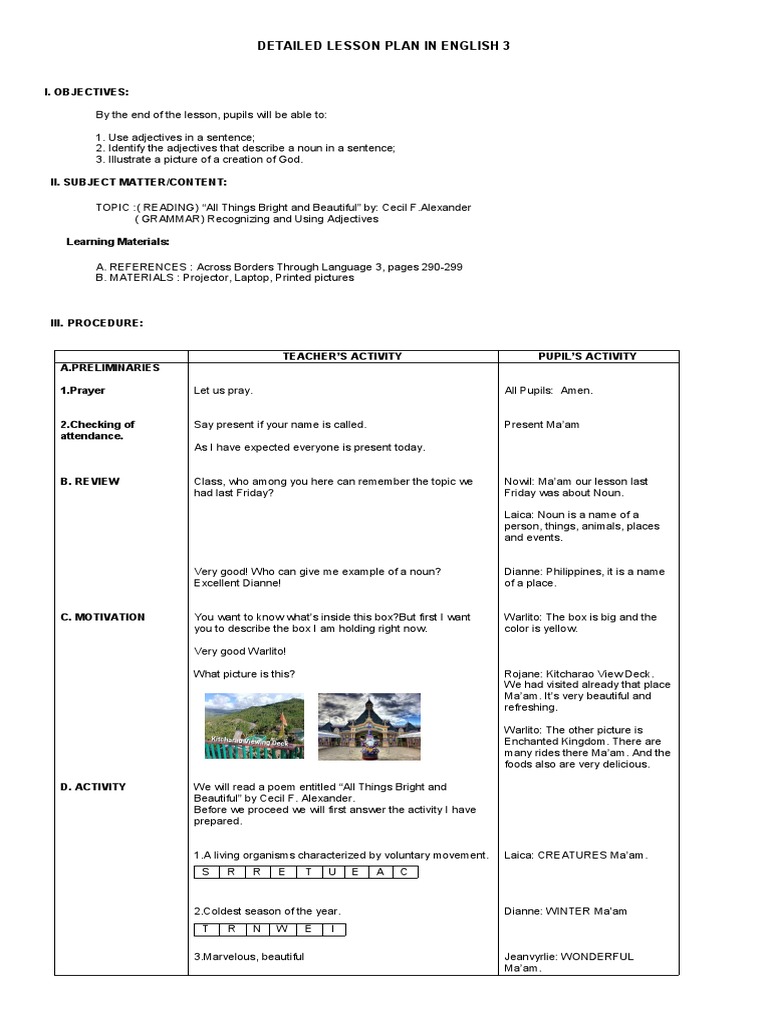 Detailed Lesson Plan | PDF | Adjective | Noun