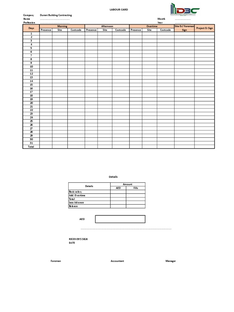 Monthly Labour Card Tracking Employee Work Hours, Wages, and Expenses ...