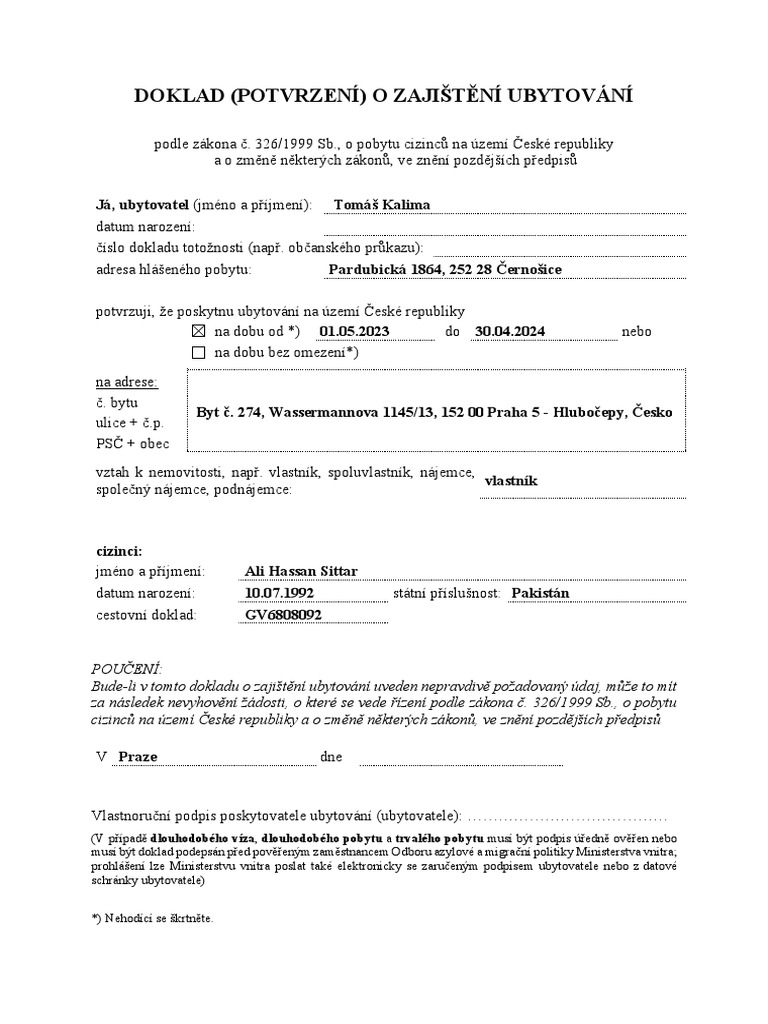 Potvrzeni o Zajisteni ubytovani-FO | PDF