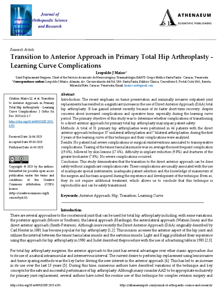 Transition To Anterior Approach in Primary Total Hip Arthroplasty ...