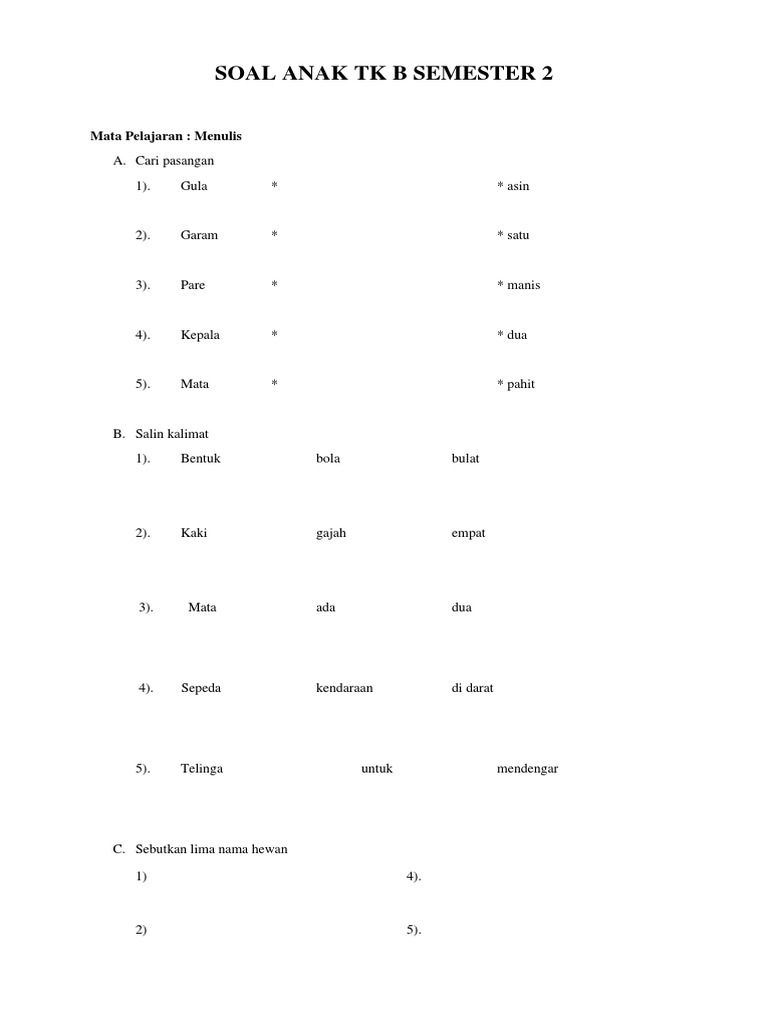 Soal Anak TK B Semester 2 | PDF