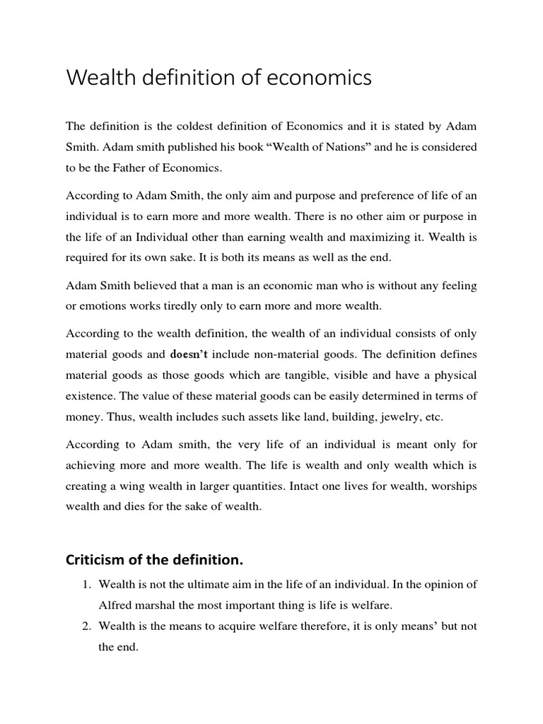 Wealth Definition of Economics | PDF