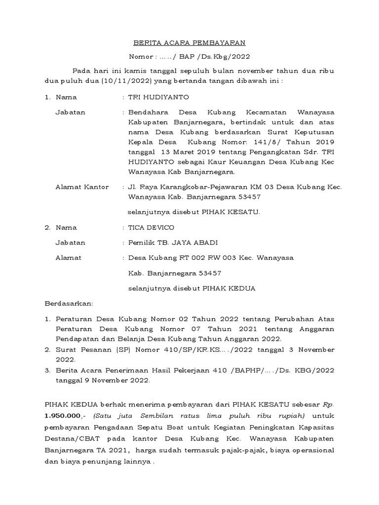 Berita Acara Pembayaran Desa Kubang | PDF
