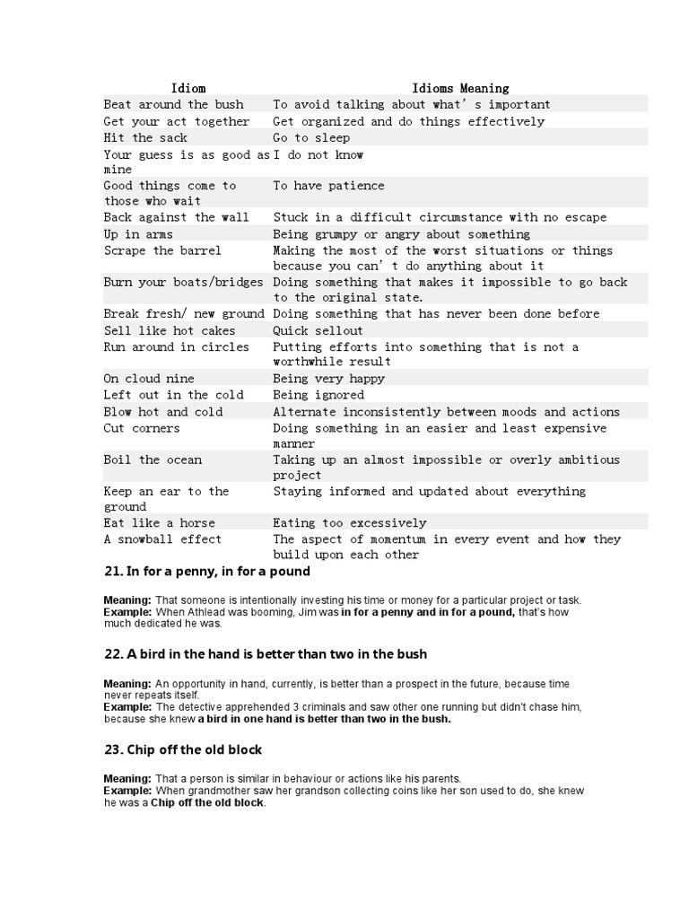 Idioms and their meanings in a nutshell | PDF