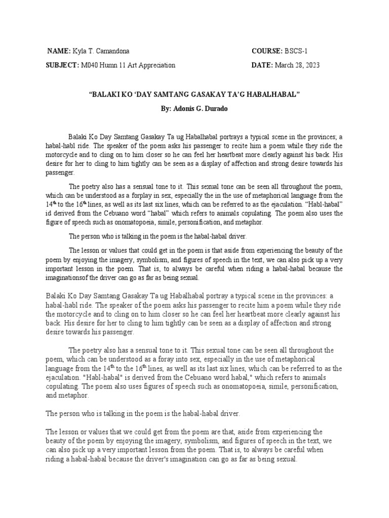 Balaki Ko Day Samtang Gasakay Ta'g Habalhabal | PDF | Poetry