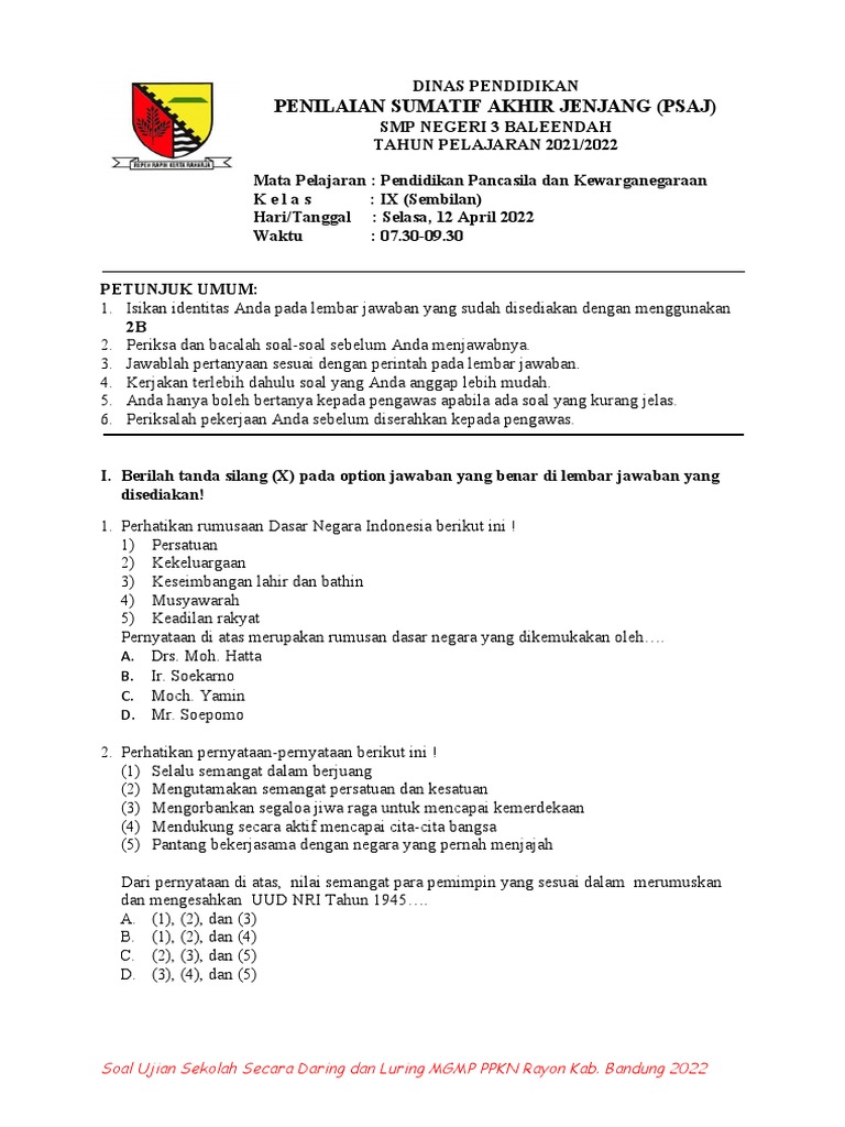 Soal Psaj PPKN 2022 | PDF