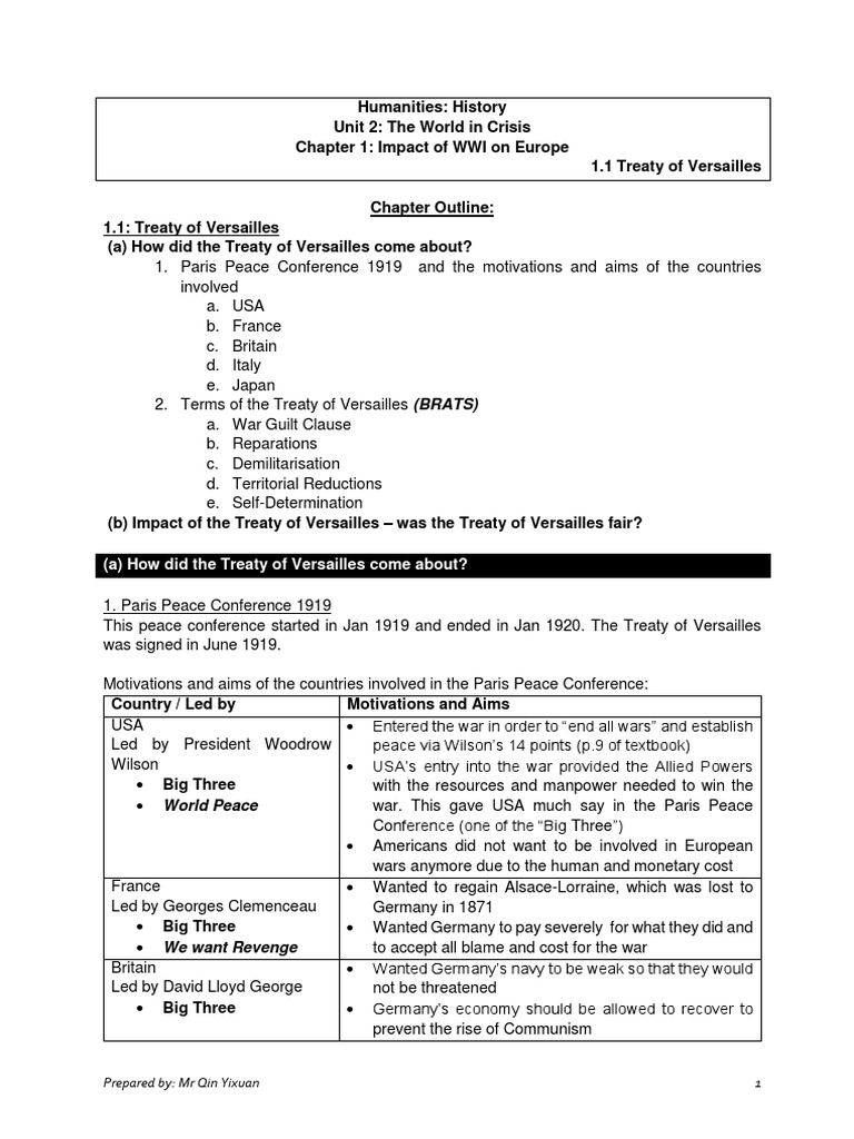 1.1 TOV Notes | PDF | Treaty Of Versailles | World War I Reparations