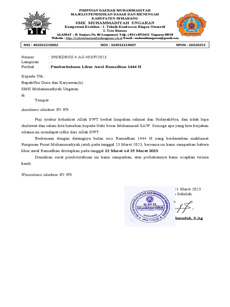 Surat Edaran Libur Awal Puasa 2023 | PDF