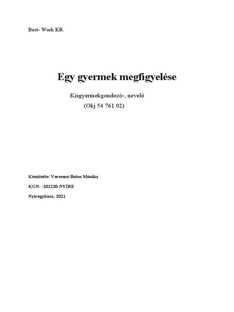 Gyermekmegfigyelés Kisgyermeknevelő Okj | PDF