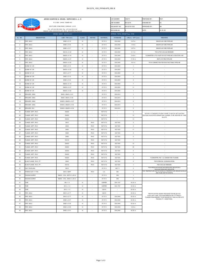 DN12278_1001_PIPING MTO & VALVE INSTRUMENT LIST_REV.B | PDF