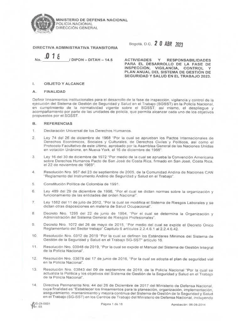 DAT NRO 018 DIPON DITAH DEL 20042023 Responsabilidades SGSSST 2023 | PDF