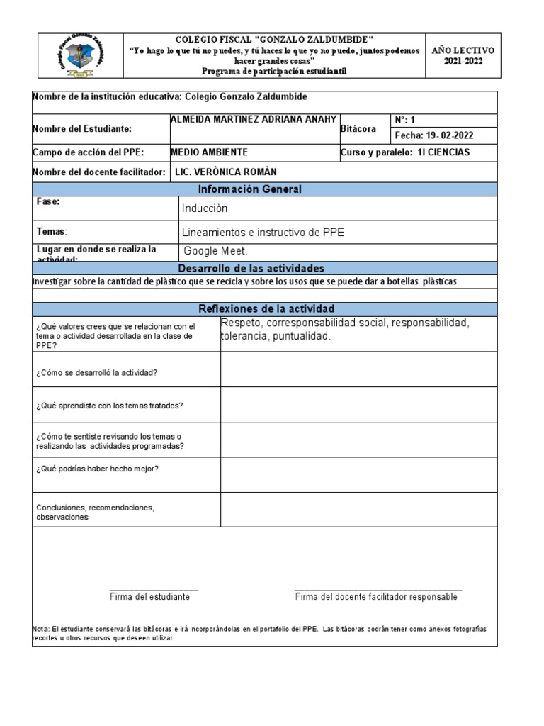 Modelo para Llenar La Bitàcora | PDF