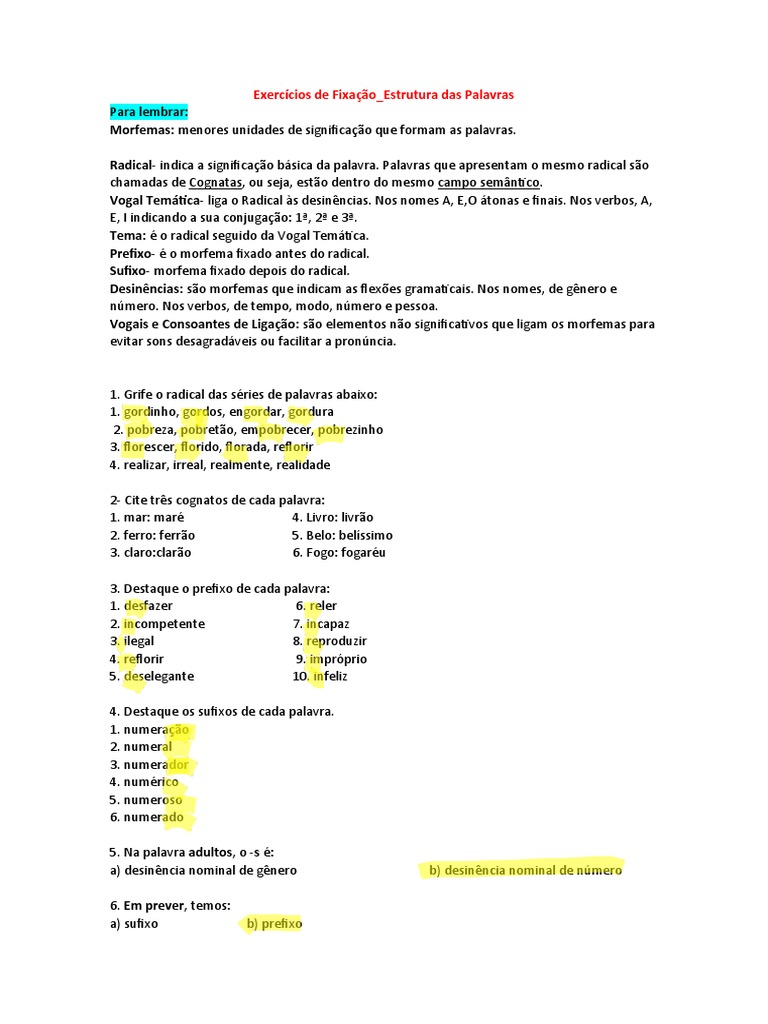 Exercícios sobre Estrutura das palavras | PDF