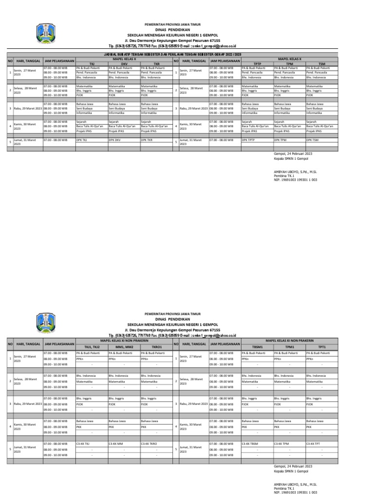 JADWAL STS-PTS 2022-2023 II SMKN 1 Gempol | PDF