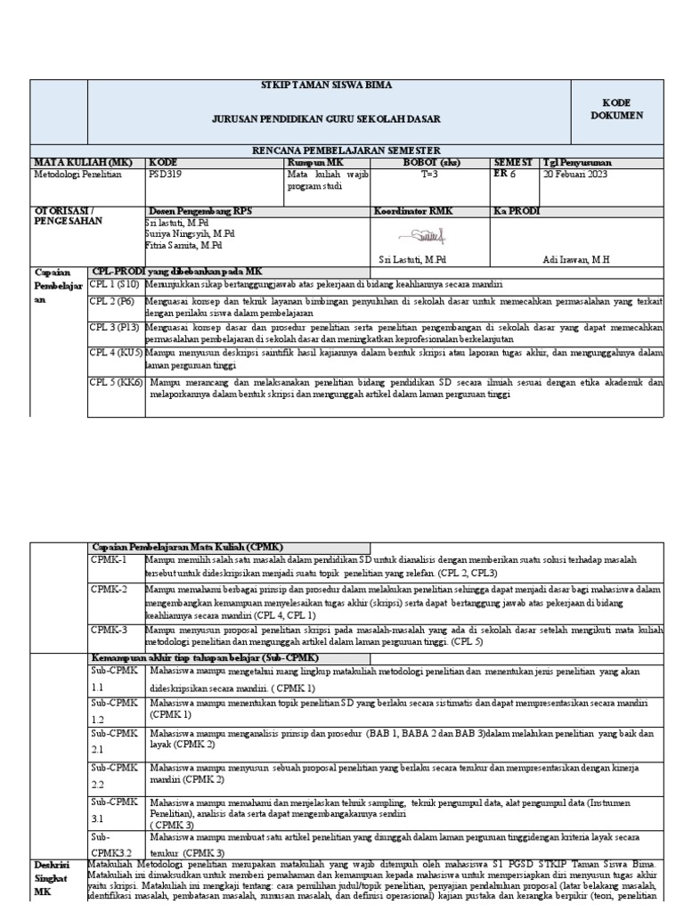 RPS Metodelogi Penelitian Genap 2023 | PDF