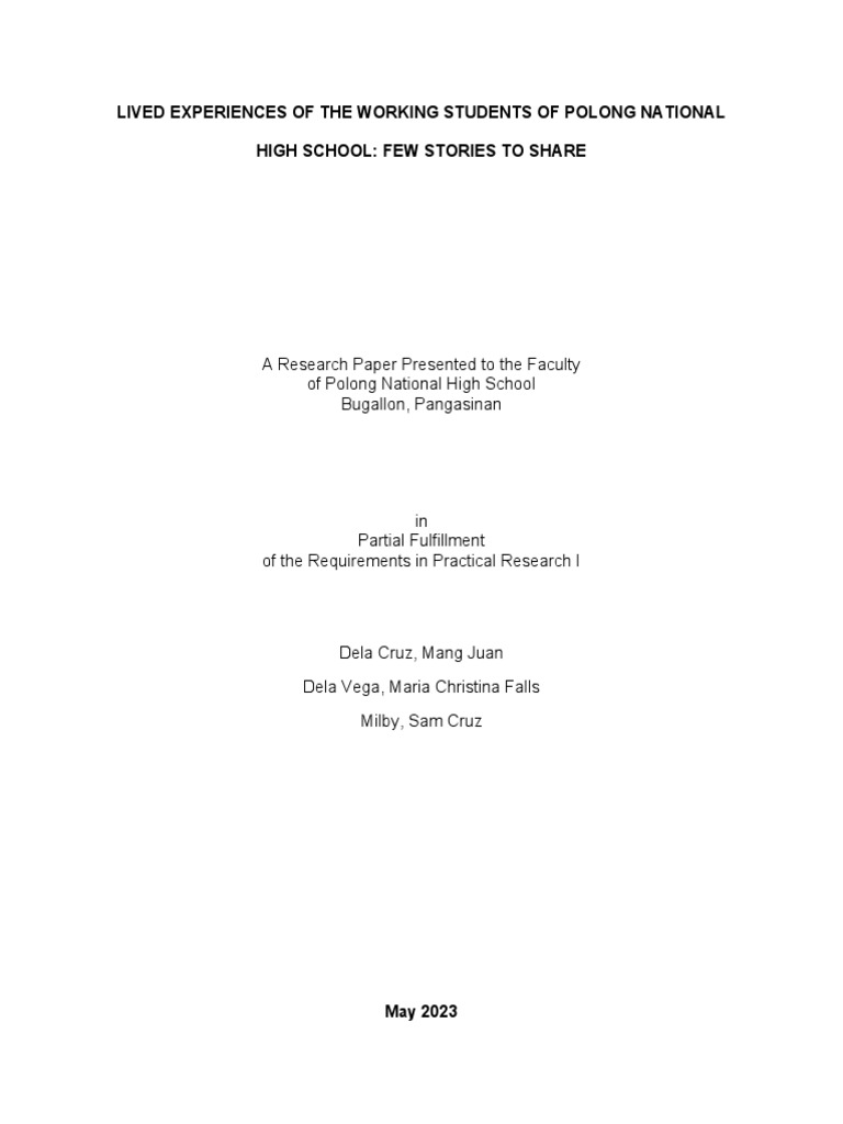 Lived Experiences of Working Students at Polong National High School: Insights into the ...