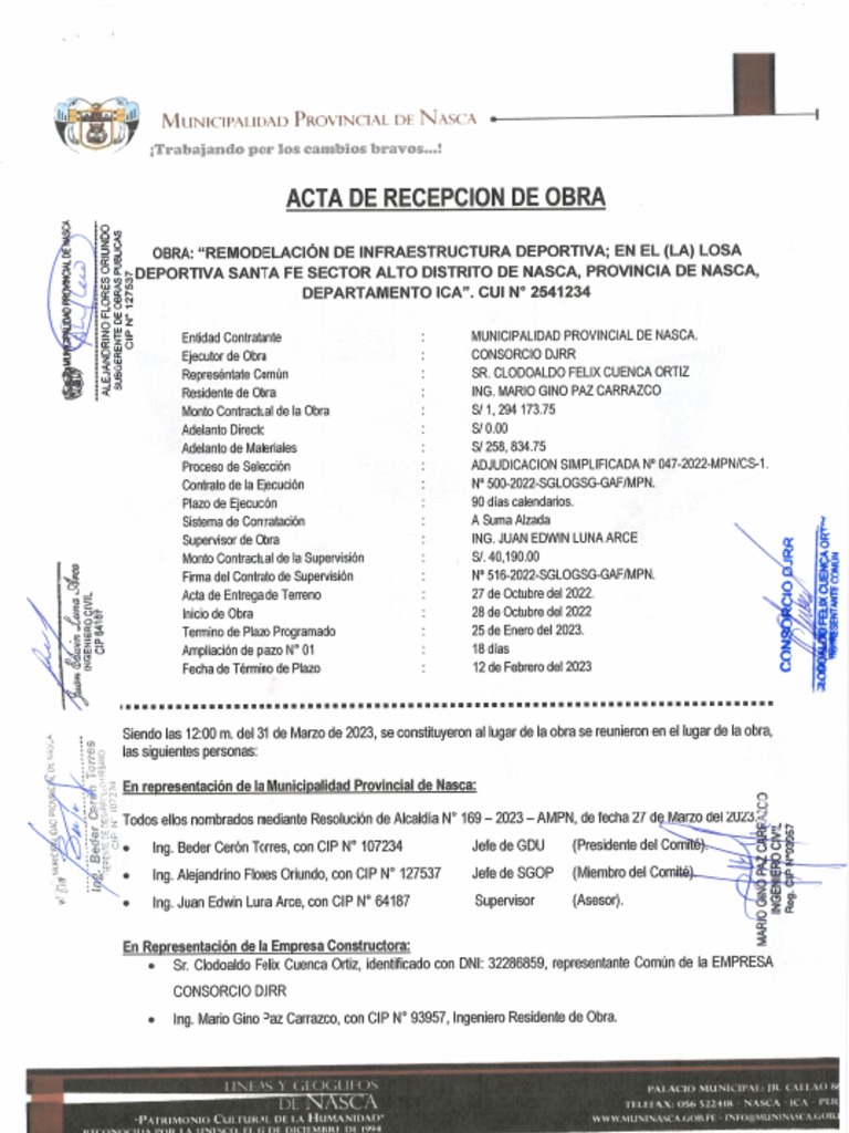 Acta de Recepcion de Obra - Nasca | PDF