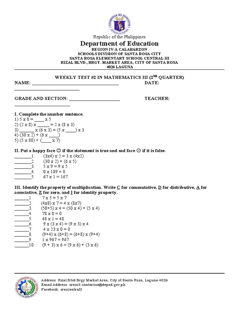 Weekly Test #2 in Math 3 - q2 | PDF | Multiplication | Elementary ...