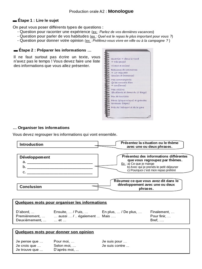 Monologue A2 : Guide de présentation | PDF