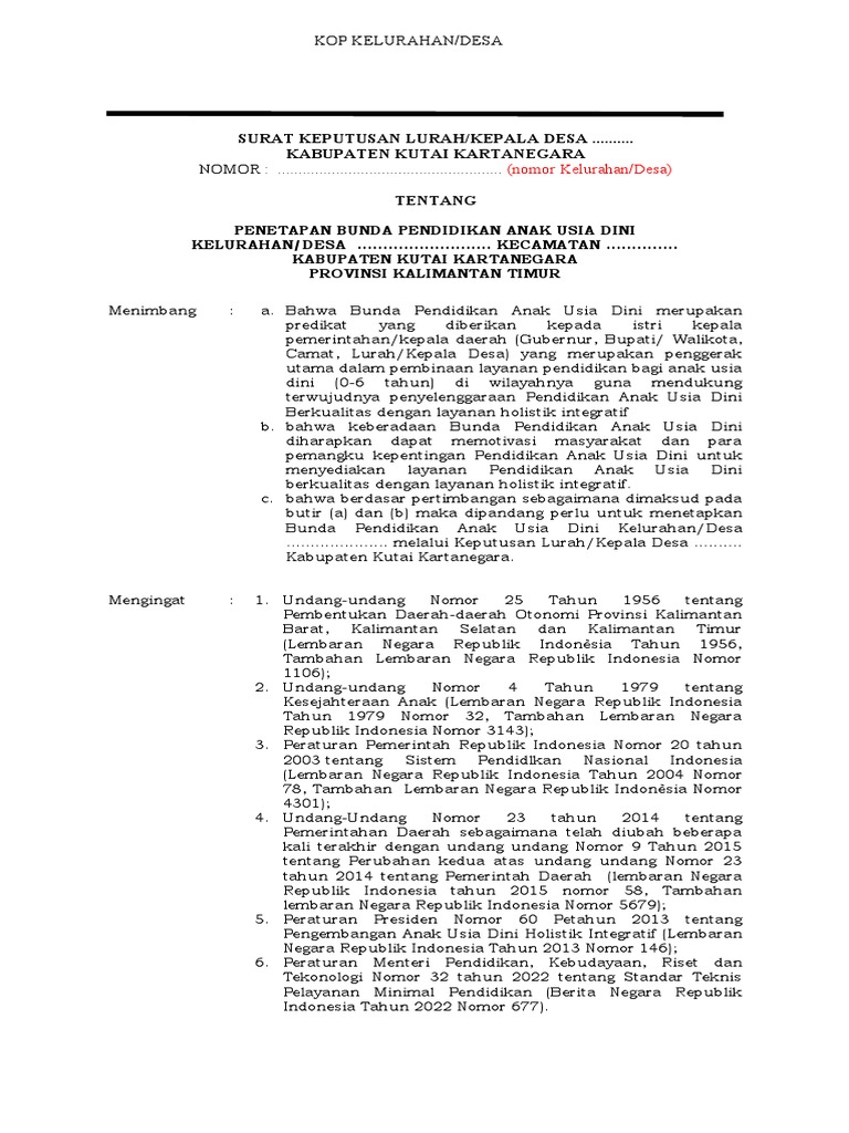 Contoh Draft SK Bunda Paud Desa-Kelurahan | PDF