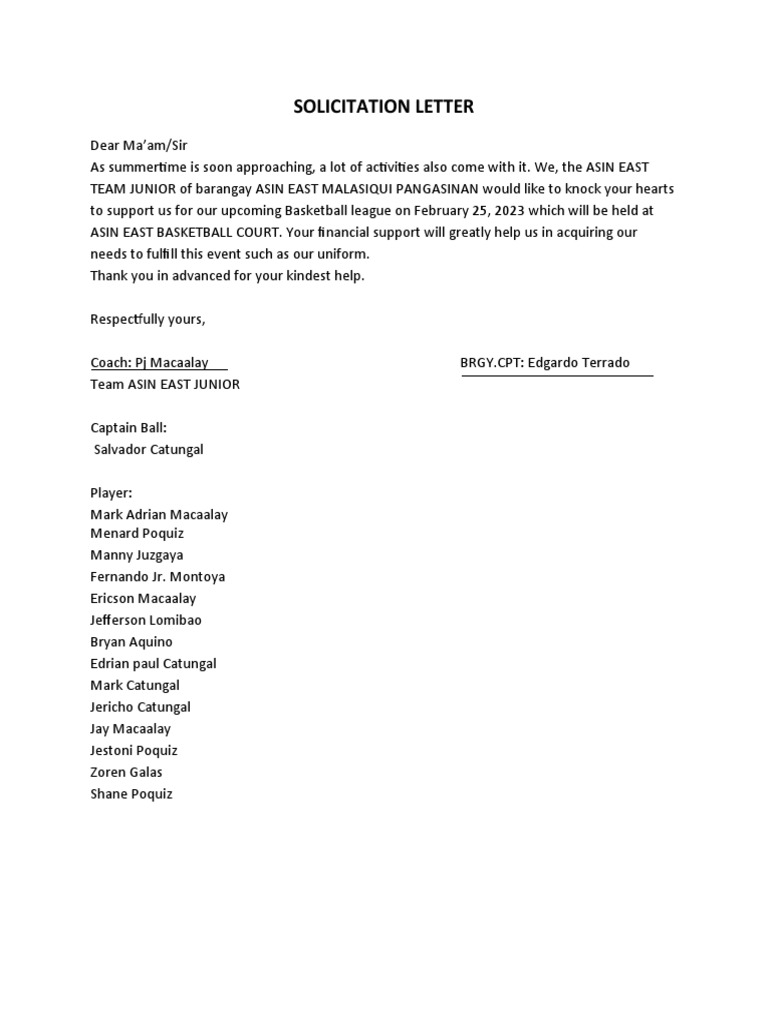 Solicitation Letter for Basketball League Fundraising | PDF