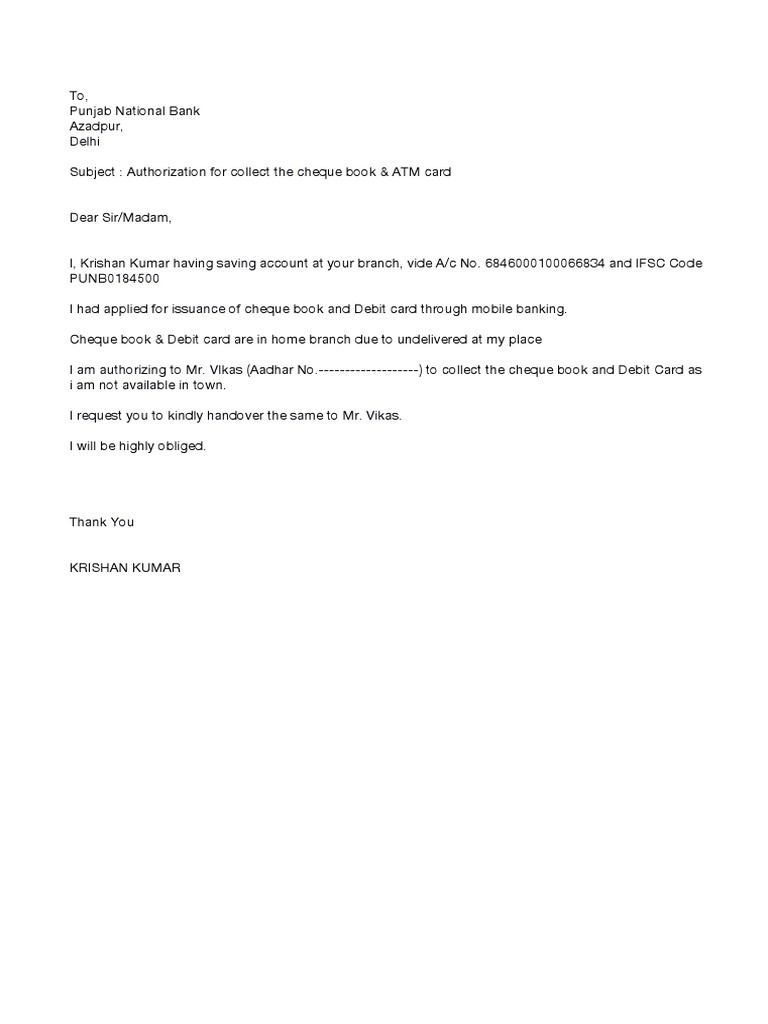 Authorization for Cheque Book Collection | PDF | Finance & Money Management