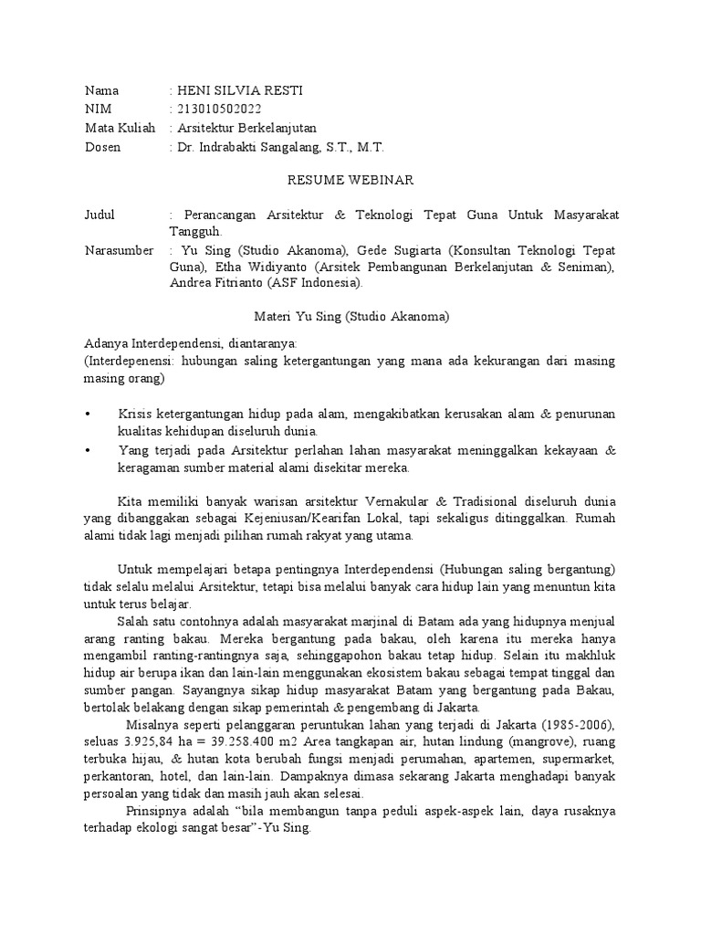 Resume Materi Arsitek Yu Sing - Arsitektur Berkelanjutan - Heni Silvia ...